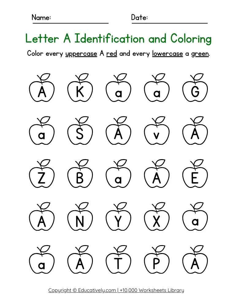 Letter A Identification and Coloring Printable Worksheet